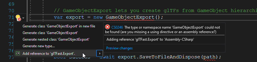 Assets/gltfManager.cs(4,15): error CS0234: The type or namespace name 'Export' does not exist in ...