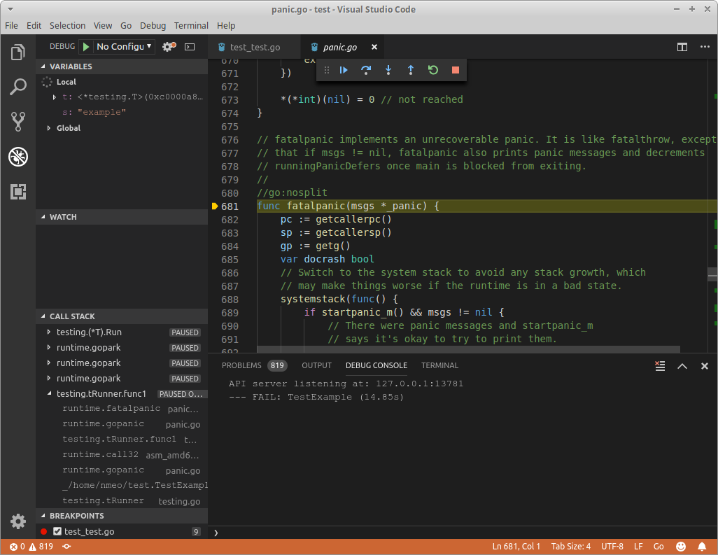 Debugger local variables frozen after Go panic · Issue #72426 · microsoft/vscode · GitHub