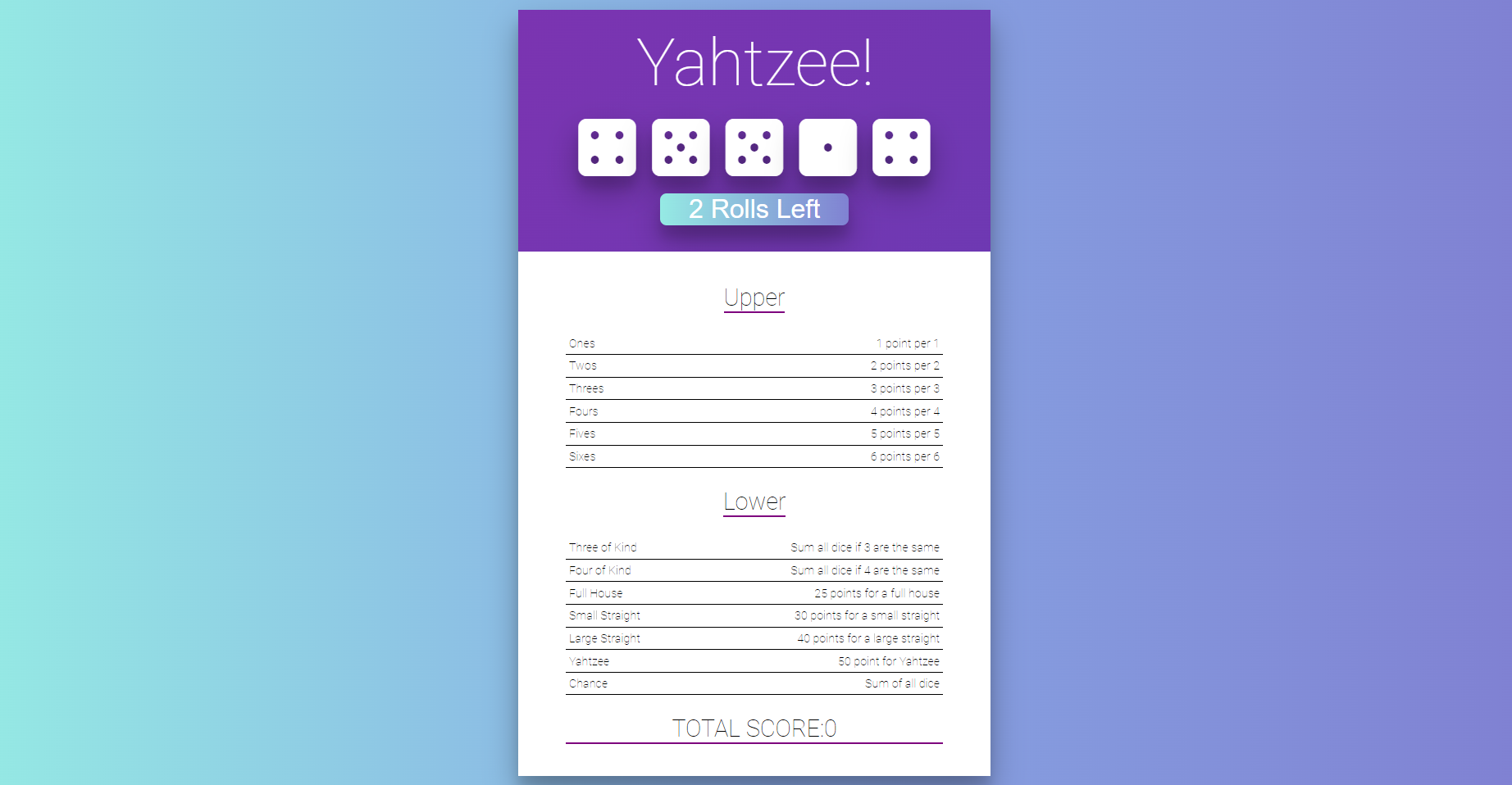 GitHub - GuillaumeAuger85/React-Yahtzee: Build a React Yahtzee