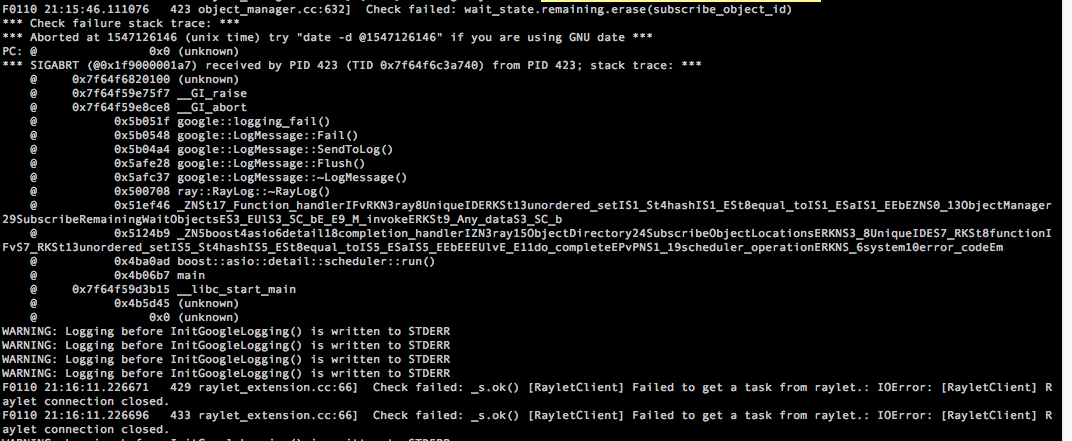 Raylet core dumped after RAY_CHECK failed in object manager · Issue #3741 · ray-project/ray · GitHub