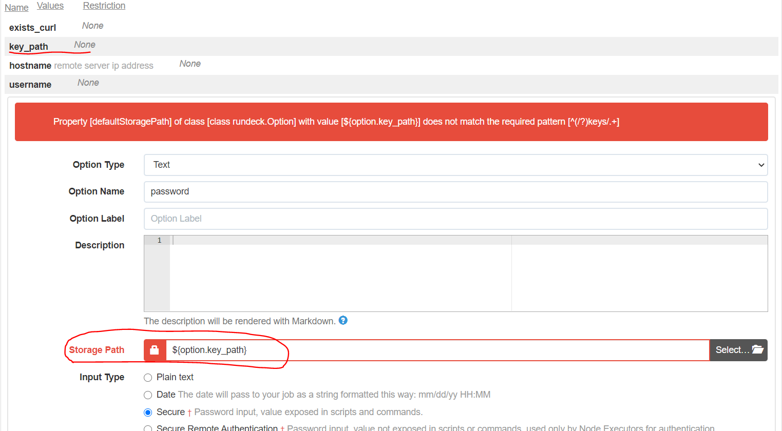 Cannot set the option value like ${option.key_path} directly into property Storage Path of ...