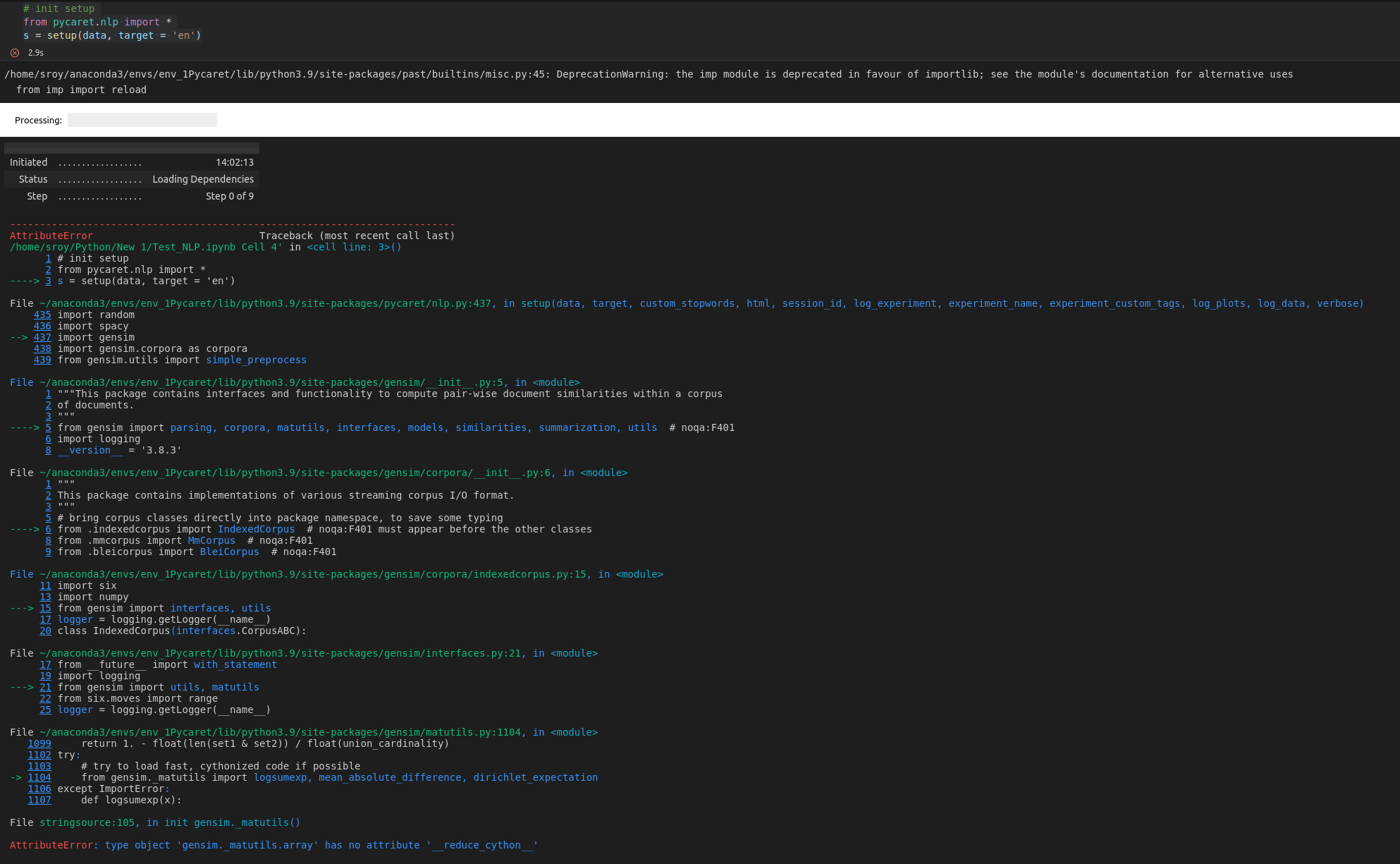 NLP setup functions fails (locally, also on colab) [Numpy issue - non-LTS version (v22.x) of ...