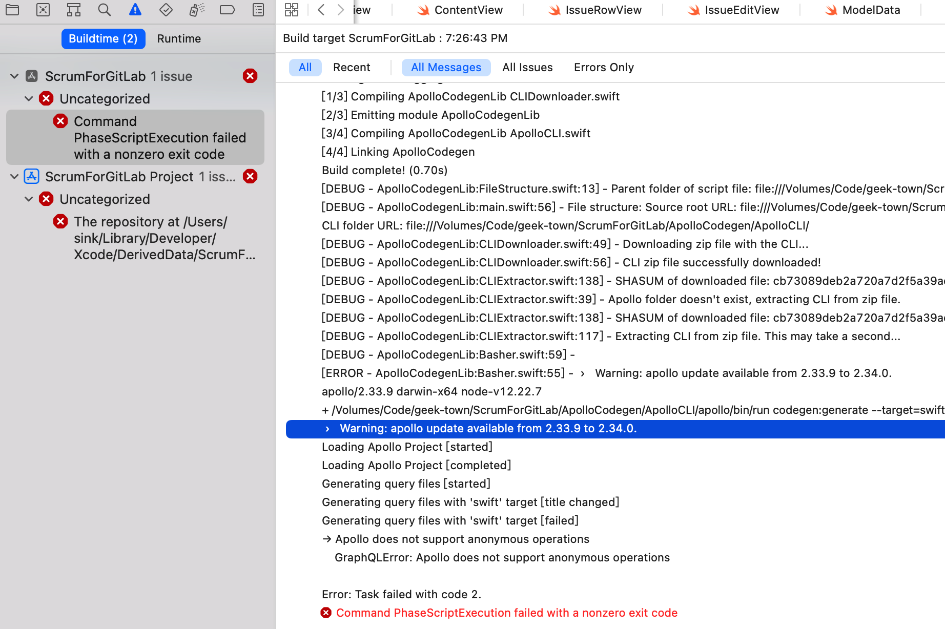 Warning: apollo update available from 2.33.9 to 2.34.0. · Issue #2471 · apollographql/apollo-ios ...