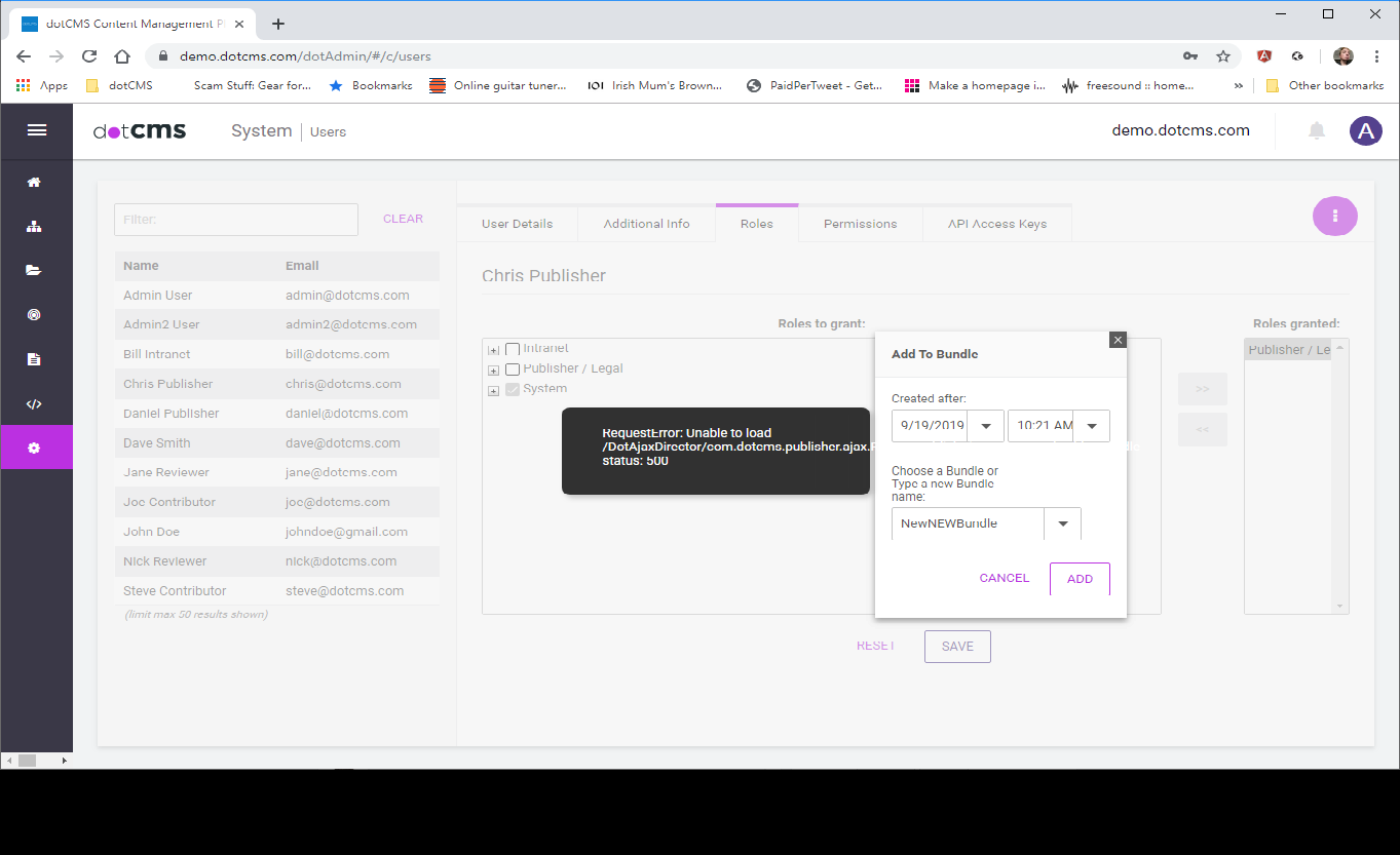 Attempting to add User to Bundle via the Round Button at top-right throws error. · Issue #17292 ...