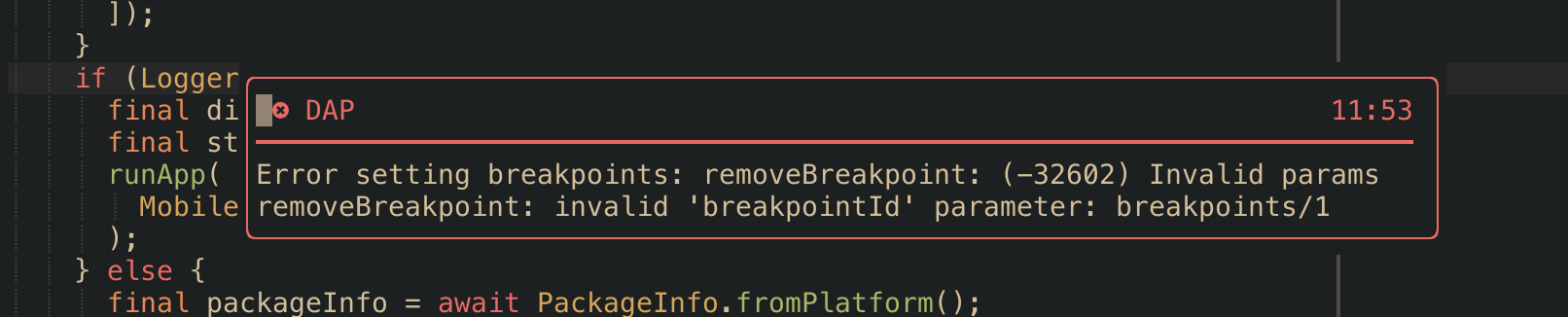 [flutter_tools] removeBreakpoint: invalid 'breakpointId' parameter ...