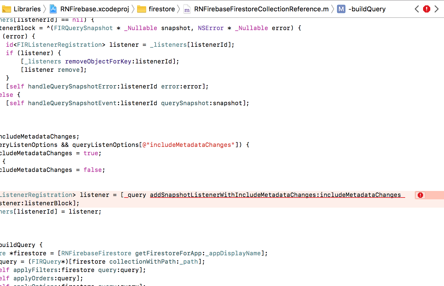 No visible @interface for 'FIRQuery' declares the selector ...