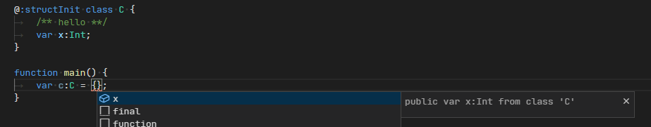 [ide] no documentation for @:structInit fields · Issue #9956 · HaxeFoundation/haxe · GitHub