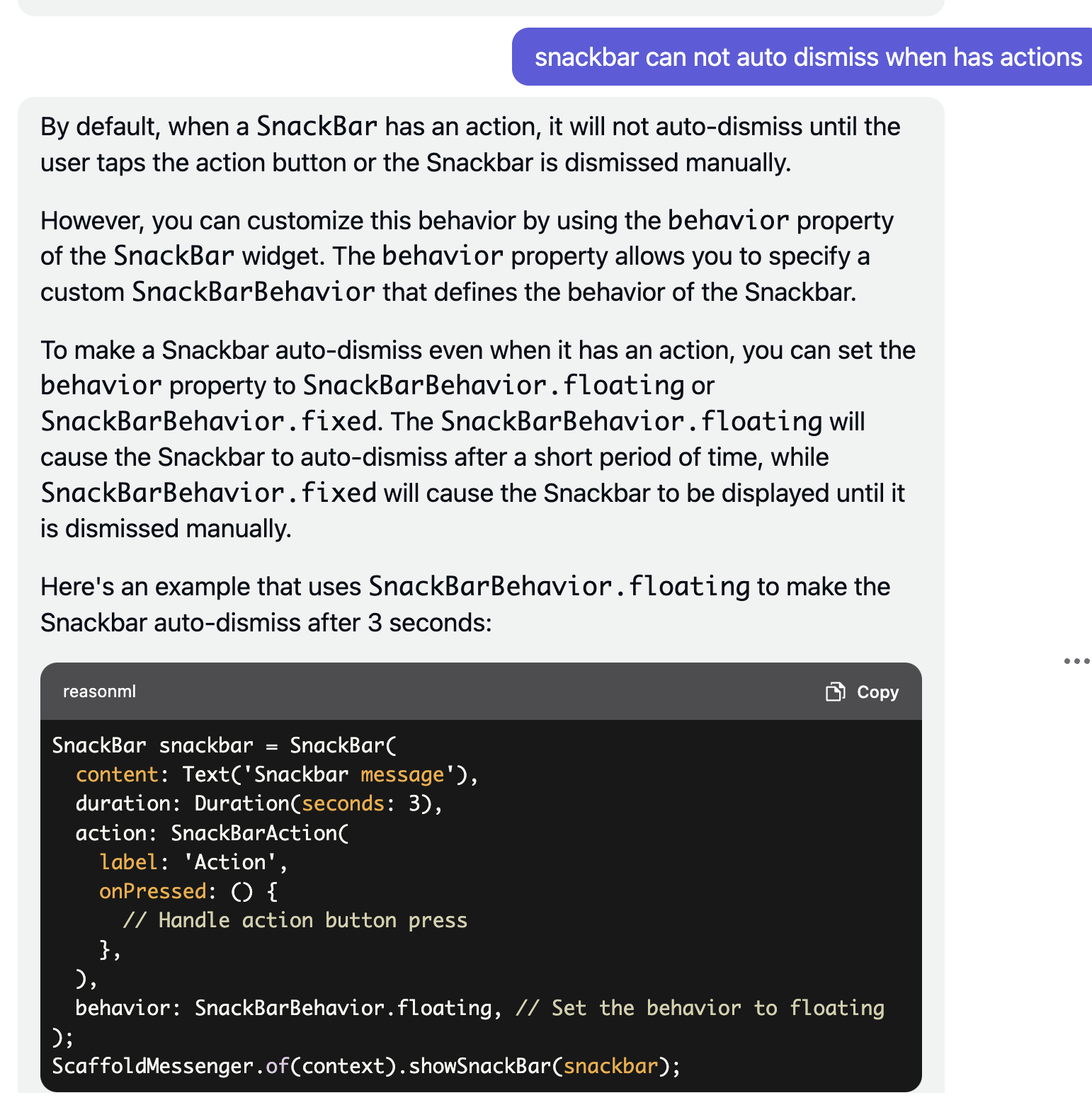 SnackBar can not get auto dismissed when has action · Issue #126756 · flutter/flutter · GitHub