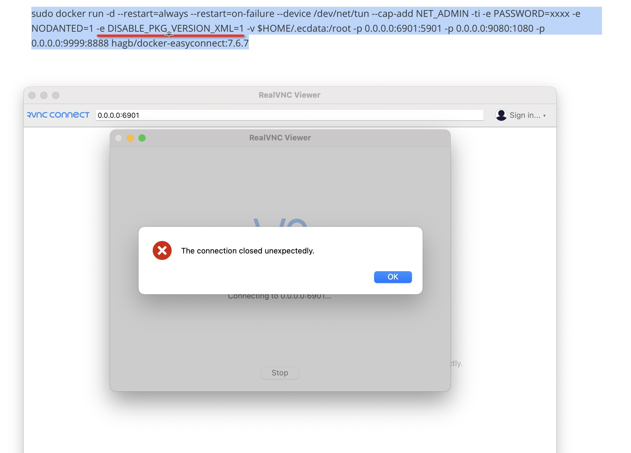 Vnc访问始终版本不匹配 · Issue 261 · Docker Easyconnectdocker Easyconnect · Github 0280