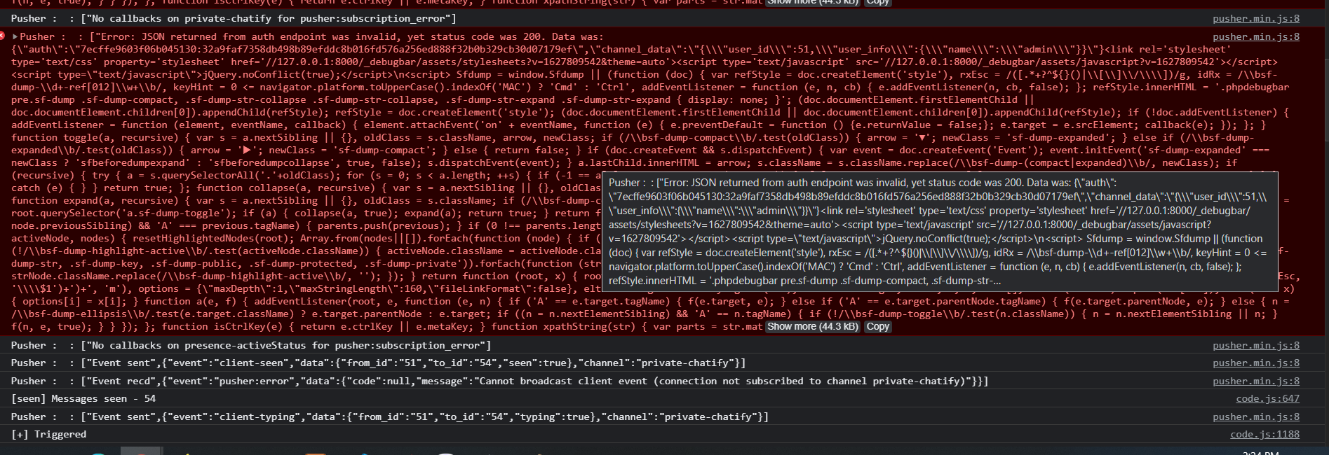 Pusher Error - JSON returned from auth endpoint was invalid, yet status code was 200 · Issue ...