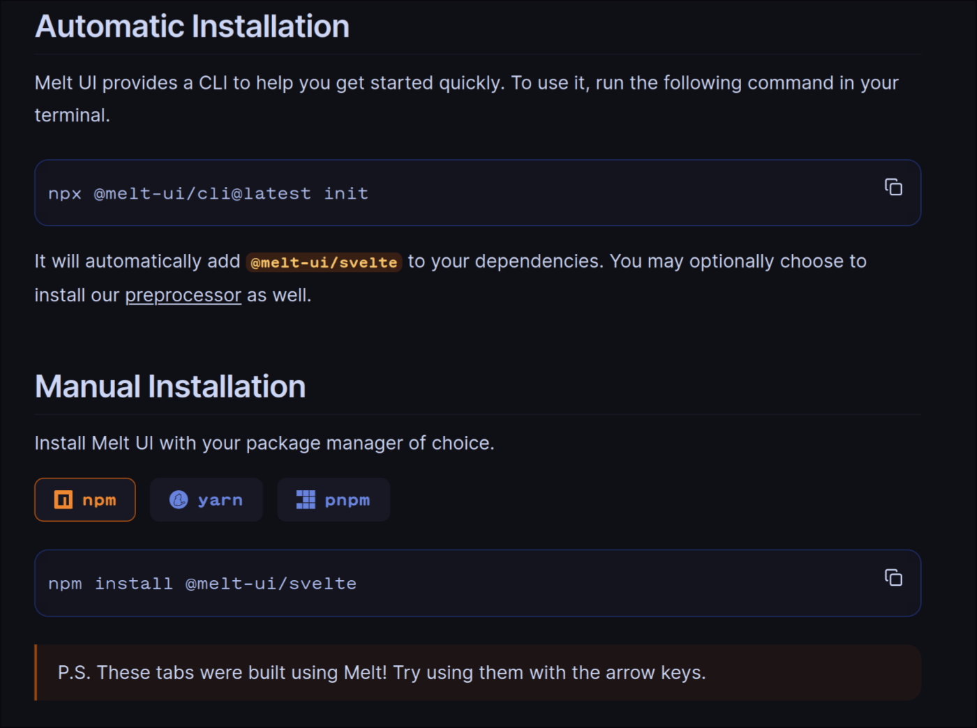 Difference between "npx @melt-ui/cli init" and "npm install"? · melt-ui melt-ui · Discussion ...