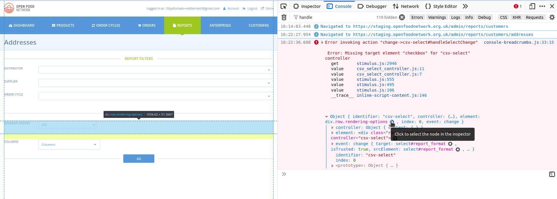 [Xero reports] Bugnsag error: Missing target element "checkbox" for "csv-select" controller ...