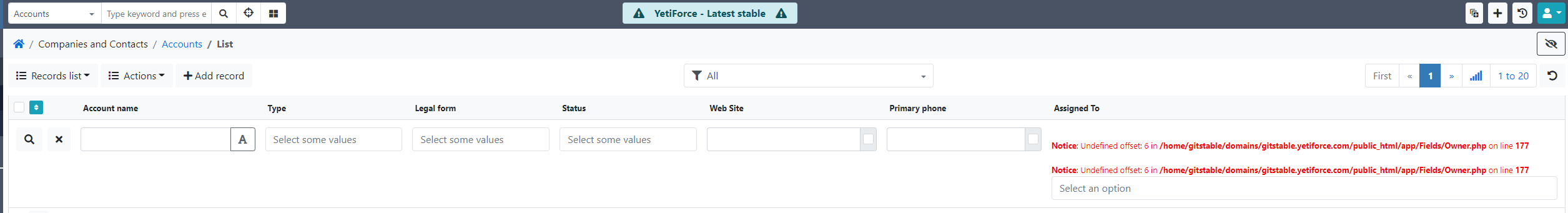 error (notice) in filter Accounts after permissions has been changed - yetiforce stable · Issue ...
