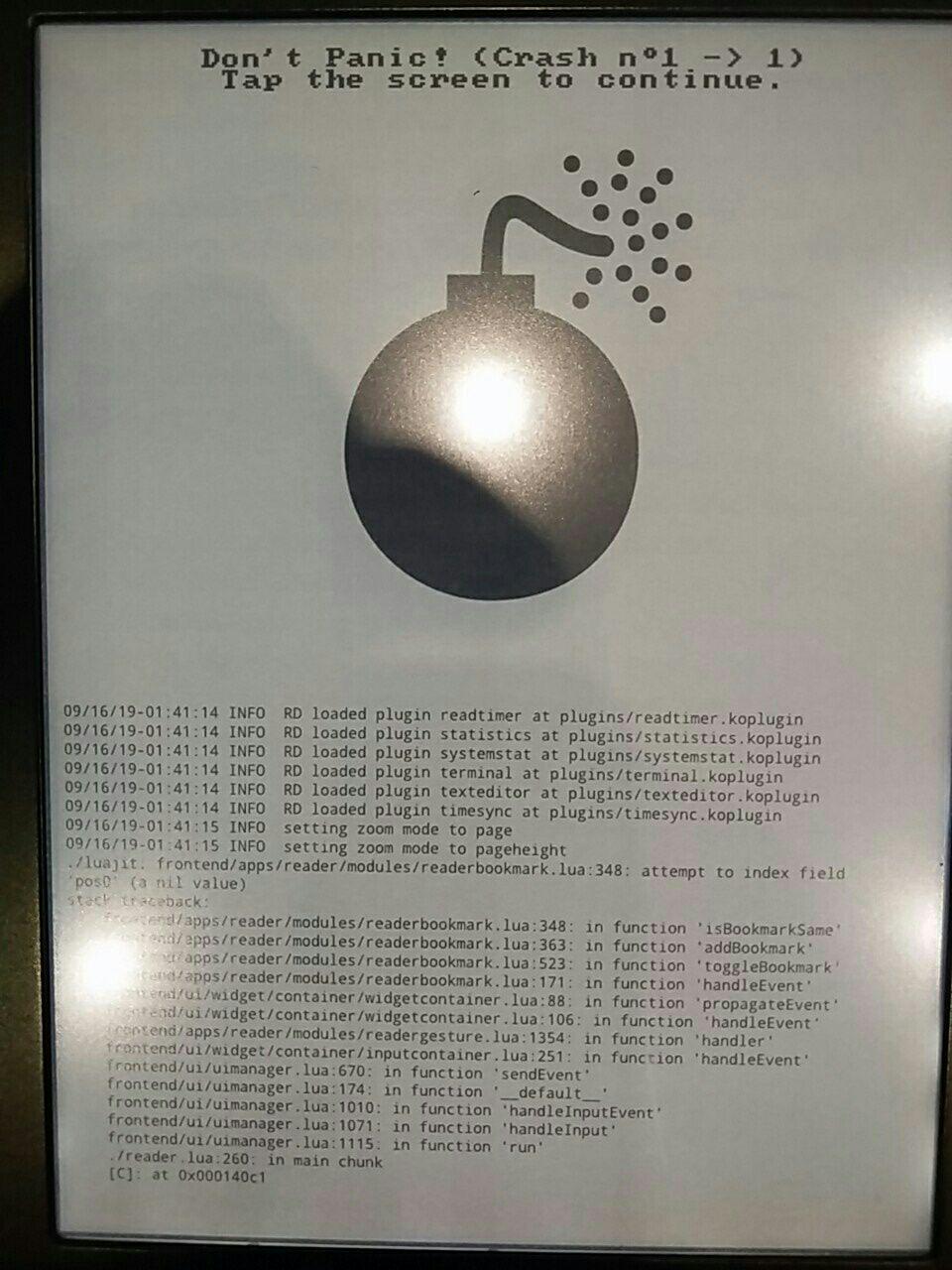 reflowed PDFs, containing scanned images only: koreader crashes on trying to set a bookmark ...