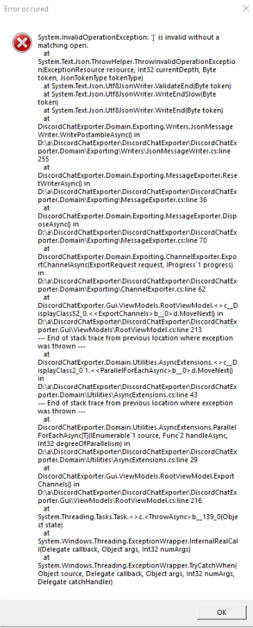 Error occurred ']' invalid without a matching open · Issue #413 · Tyrrrz/DiscordChatExporter ...