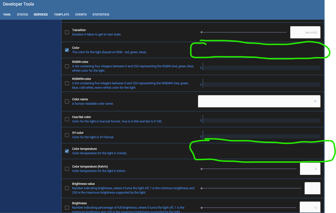 Unable to enter Color and Color Temperature values in Dev Tools, Services, UI Mode for Light ...