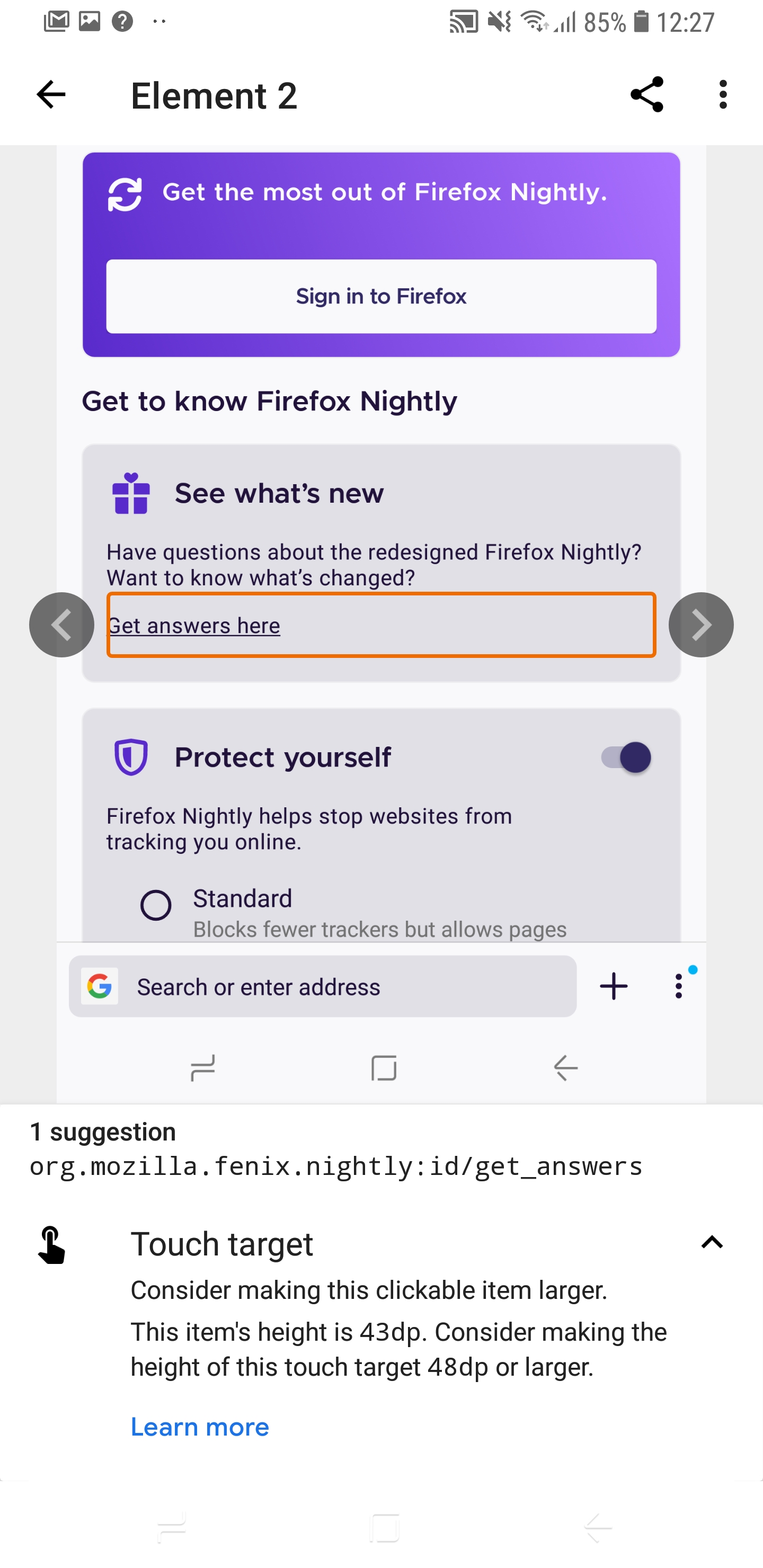 [Bug] [a11y]Onboarding screen - Touch target items need to be made ...