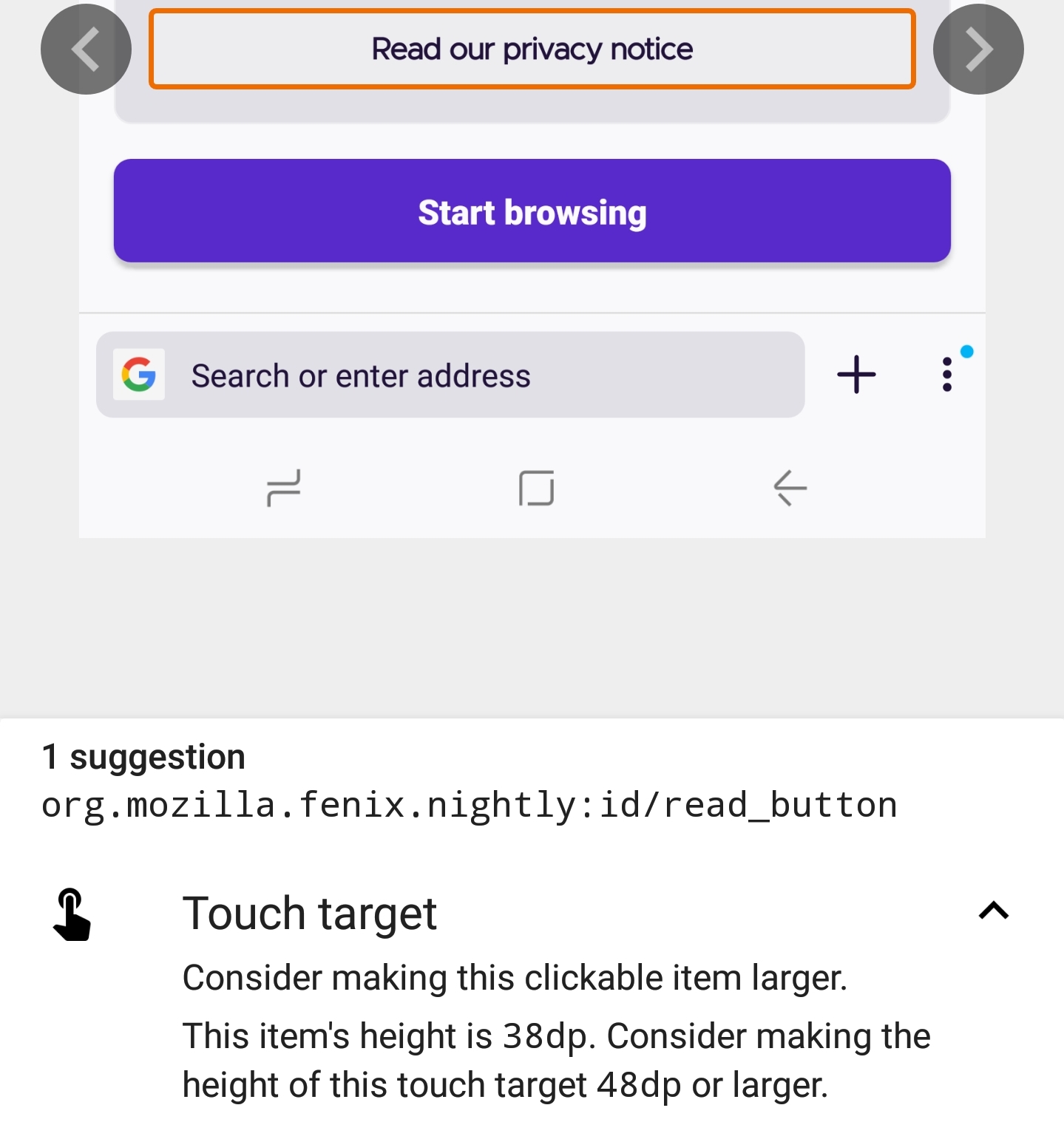 [Bug] [a11y]Onboarding screen - Touch target items need to be made larger · Issue #9583 ...