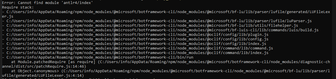 Error: Cannot find module 'antlr4/index' · Issue #1175 · microsoft/botframework-cli · GitHub