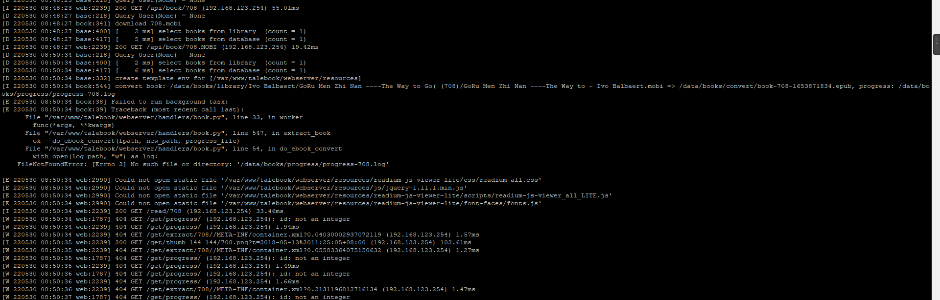 无法在线阅读，控制台看报404错误 · Issue #187 · talebook/talebook · GitHub