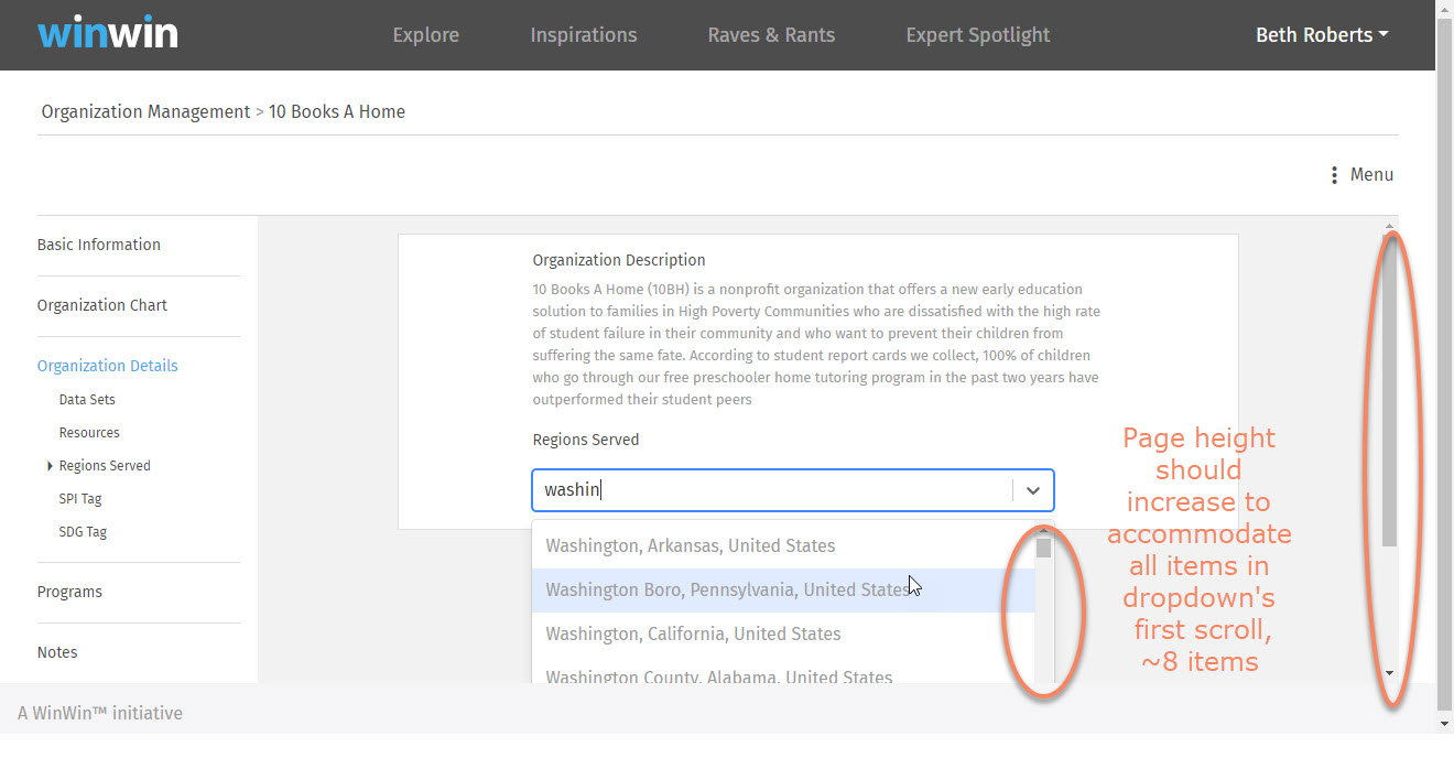 Region Served: Page height should increase to accommodate items in dropdown's first scroll, ~8 ...