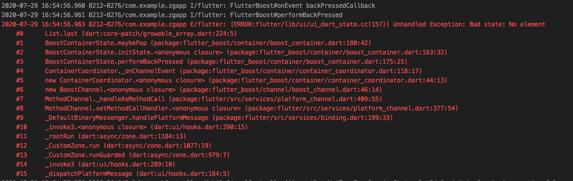 在flutter页面按下返回键，返回不了上一个页面，报bad State No Element错误 · Issue 805 · Alibabaflutterboost · Github