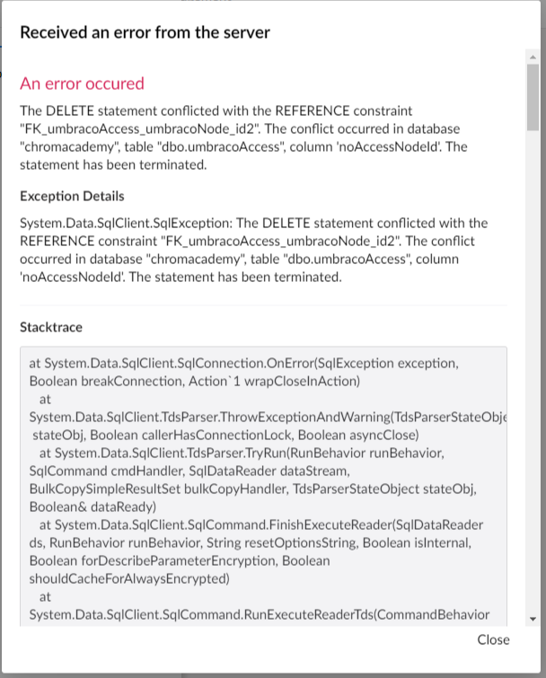 V8 Emptying the Recycle bin with a protected page and associated login page throws a SQL error ...