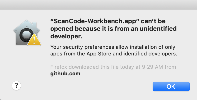 Unidentified developer message for ScanCode-Workbench-macos-x64-3.1.1 ... Unidentified developer message for ScanCode-Workbench-macos-x64-3.1.1 ...