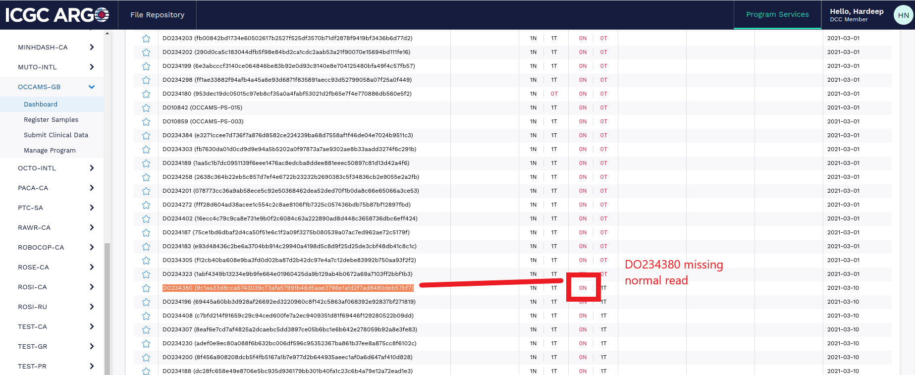 Investigate why 116 OCCAMS-GB donors are missing raw data - intermediate-song indexing issue ...