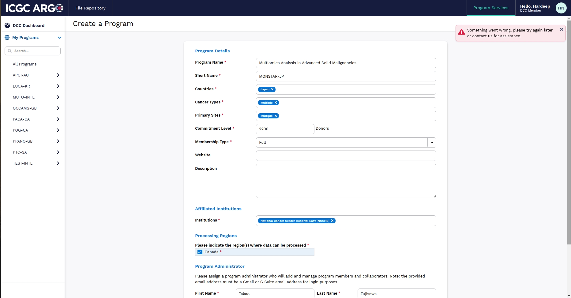 Error messages when creating ARGO program in Platform but program gets ...