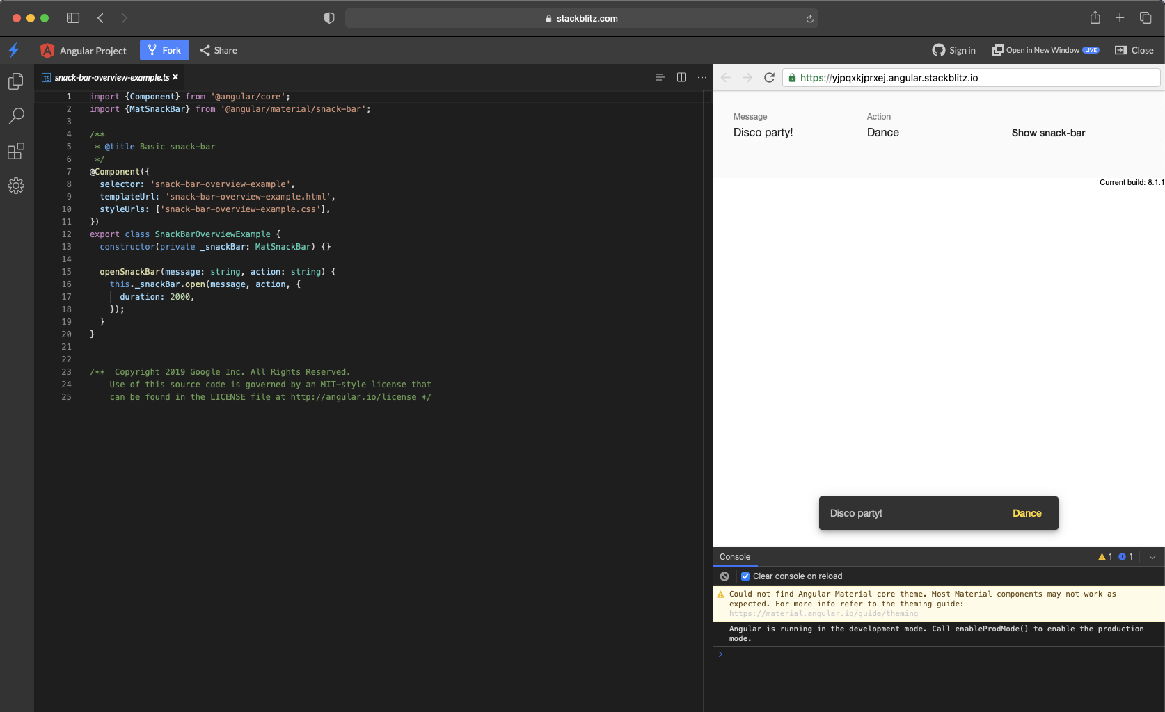 Stackblitz Deployment issue - Angular Material Snackbar · Issue #1029 · stackblitz/core · GitHub