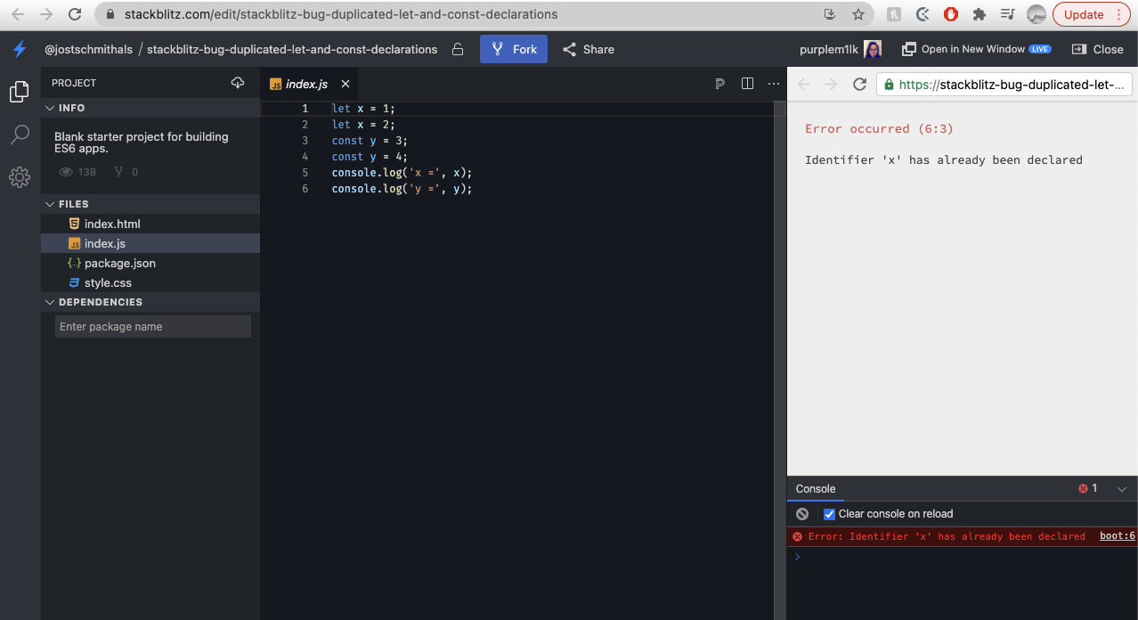 Bug: No error reported for multiple let or const declarations · Issue #1140 · stackblitz/core ...
