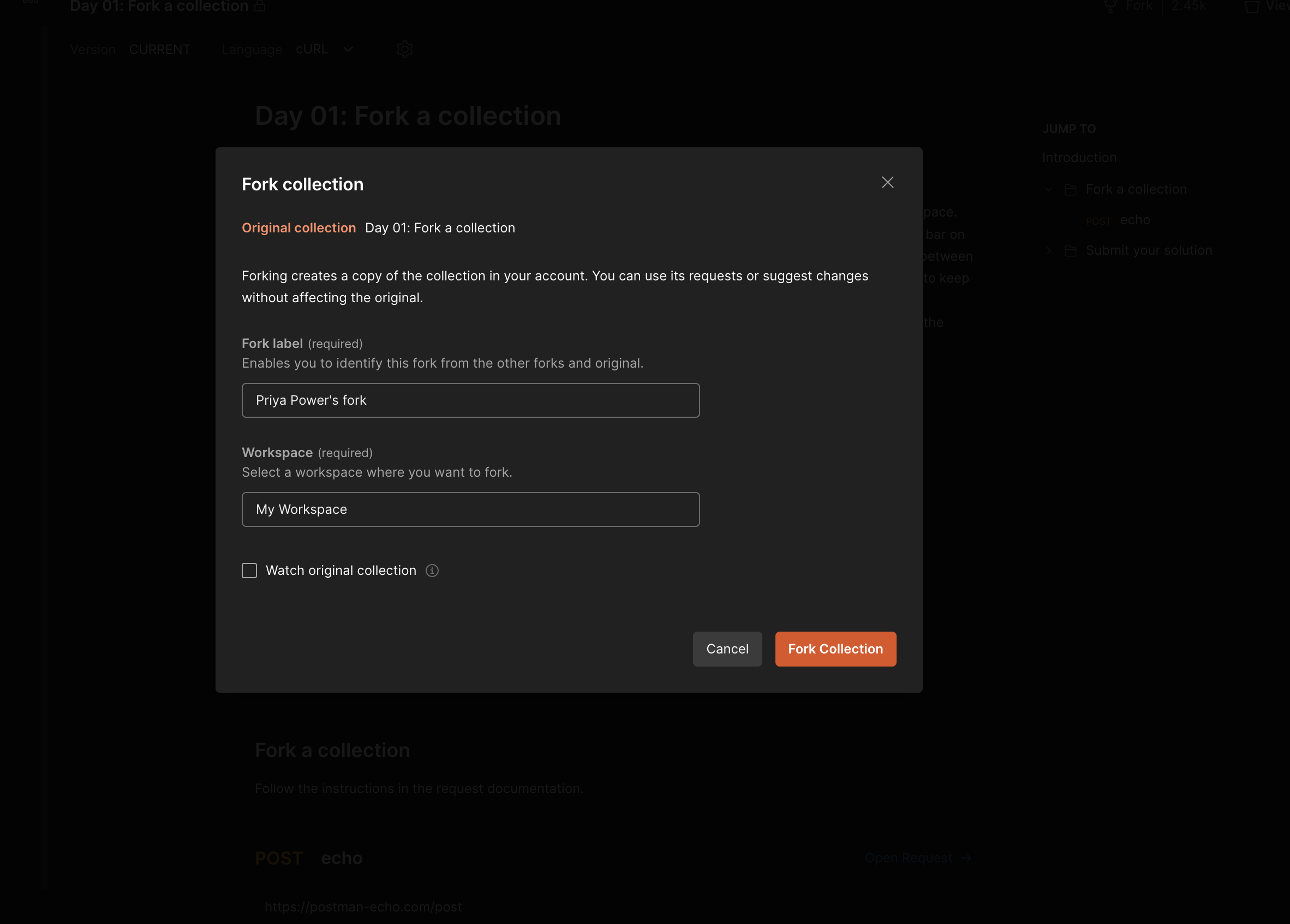 Pop up for public account needed to fork not visible when using the fork collection modal/popup ...