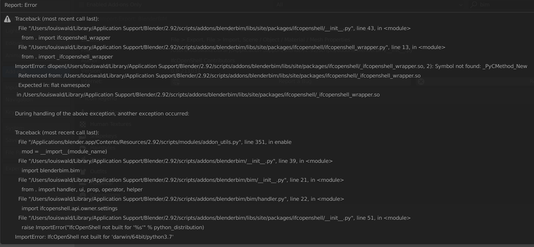 Exception on trying to enable Import-Export: BlenderBIM v 2.92.0 OSX 11.6 · Issue #1916 ...