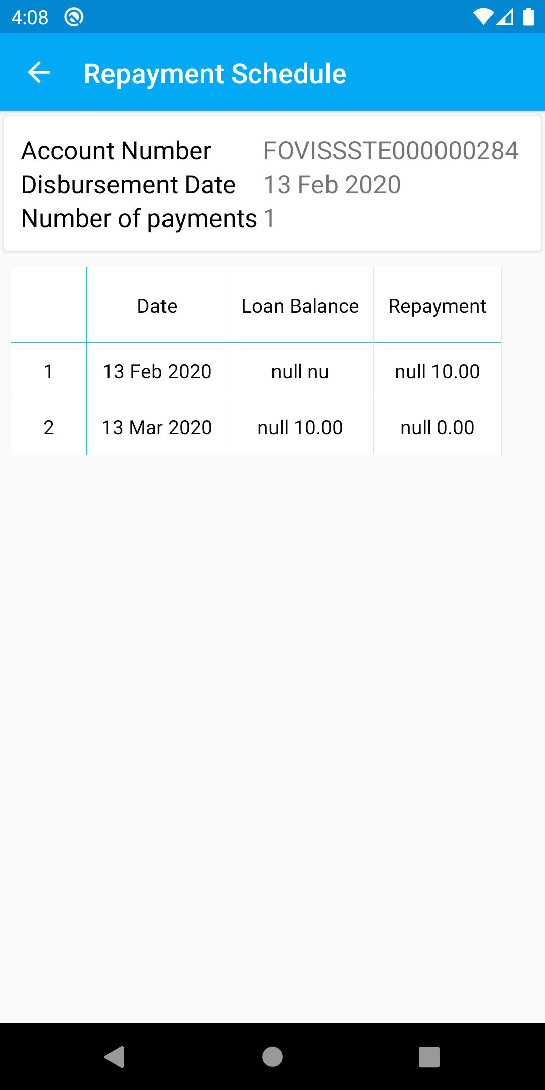 Displaying null in Repayment Schedule Table View · Issue #1355 · openMF/mifos-mobile · GitHub