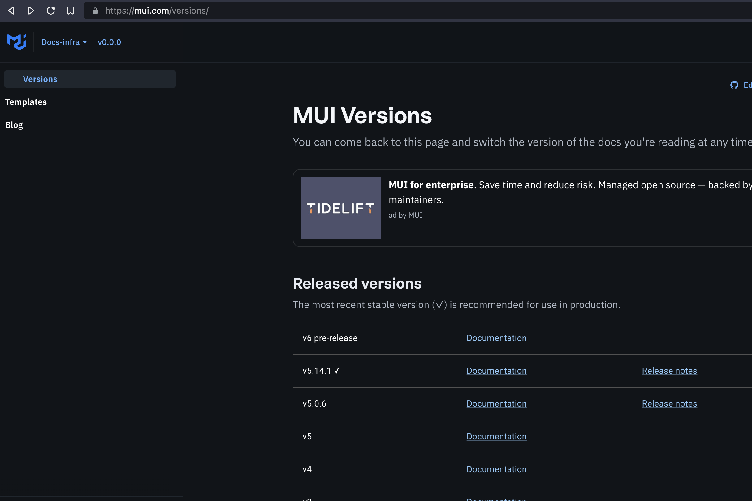 [docs] On the `/versions` page all content is missing from the sidebar ...