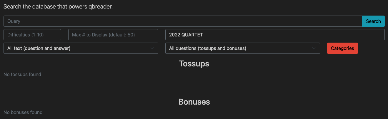 Database: Searching with set filter = 2022 QUARTET returns no results, even with no other ...