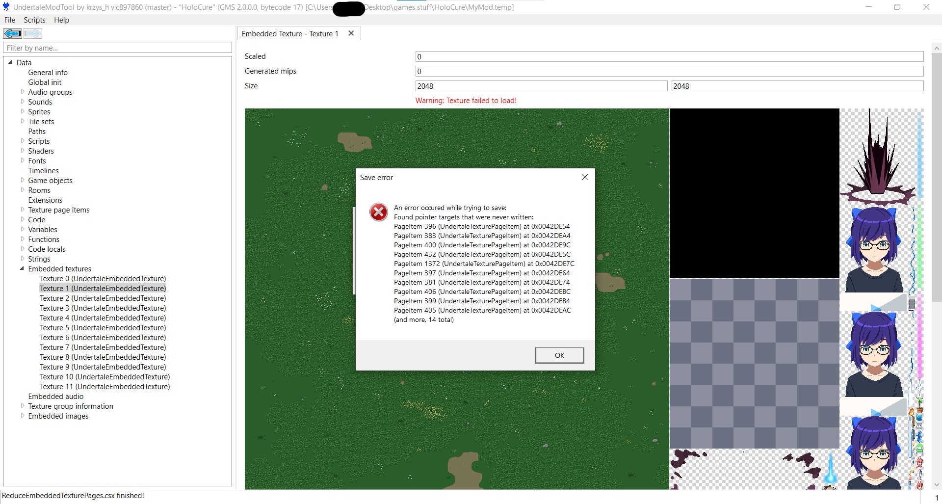 Running "ReduceEmbeddedTexturePages.csx" after running "NewTextureRepacker.csx" causes program ...