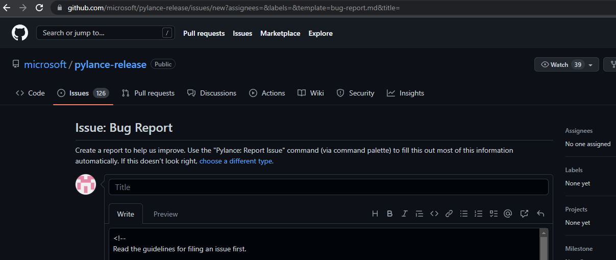 Bug template url gives 404 message · Issue #3497 · microsoft/pylance-release · GitHub