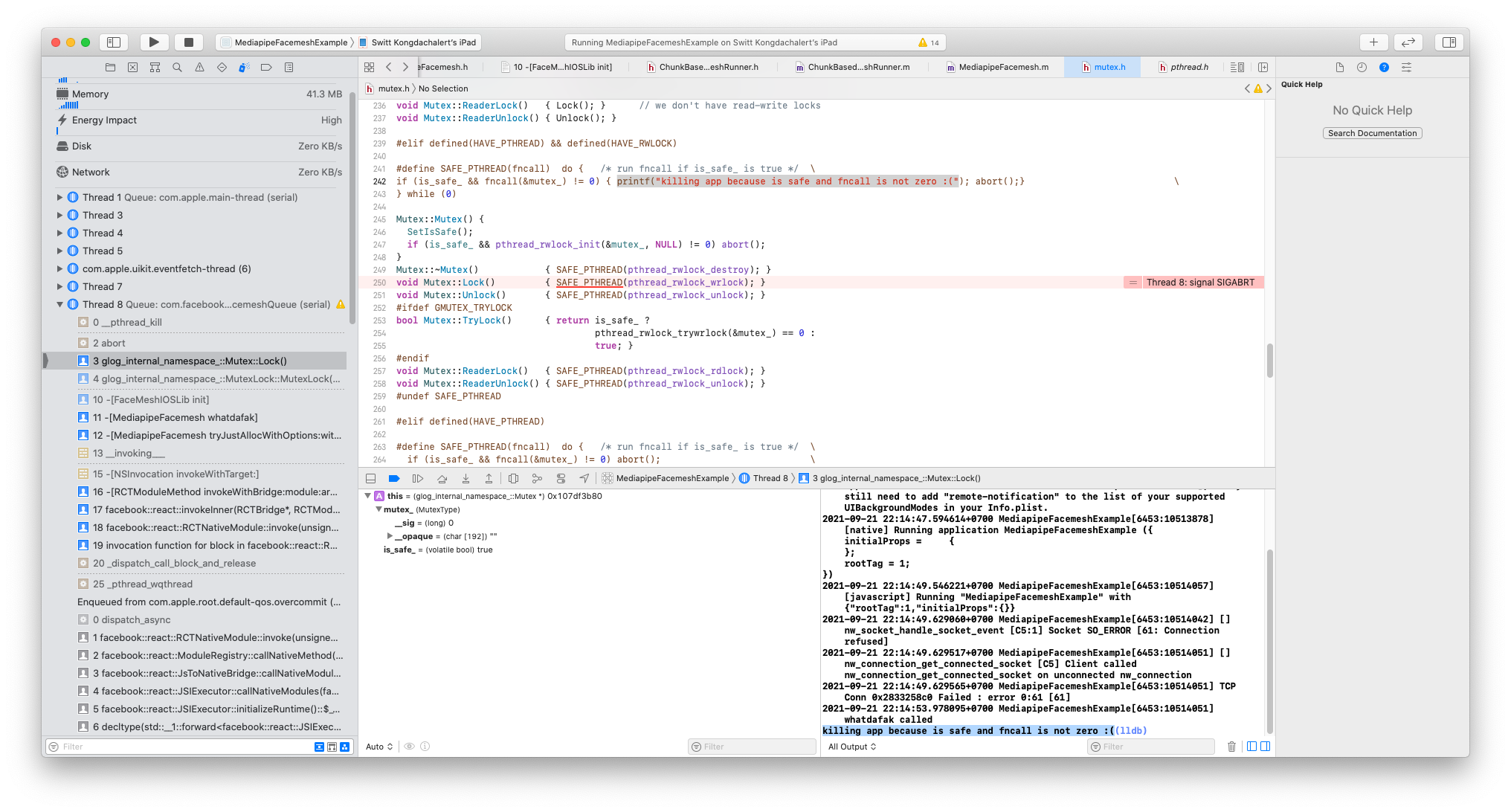 [ios|React Native 0.63.4] `glog` mutex calls `abort()` in Mutex::Lock() call when in use with ...