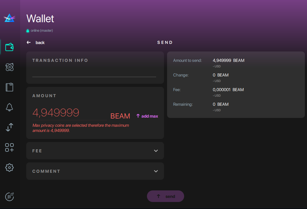 The amount is highlighted in red if you click the "add max" button · Issue #532 · BeamMW/beam-ui ...