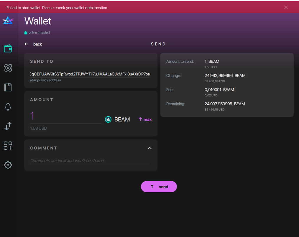 Max privacy transaction to yourself throws "Failed to start wallet" · Issue #598 · BeamMW/beam ...
