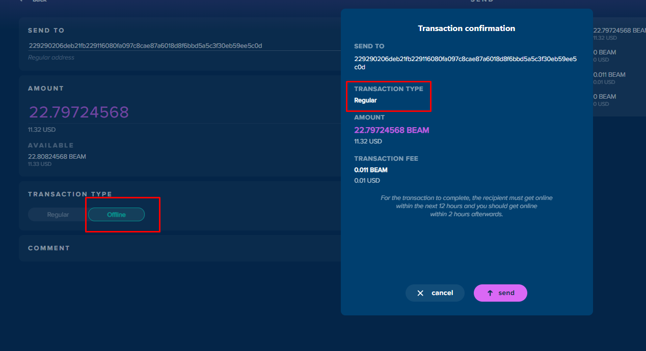 The transaction type doesn't change if you select offline · Issue #204 · BeamMW/web-wallet ...