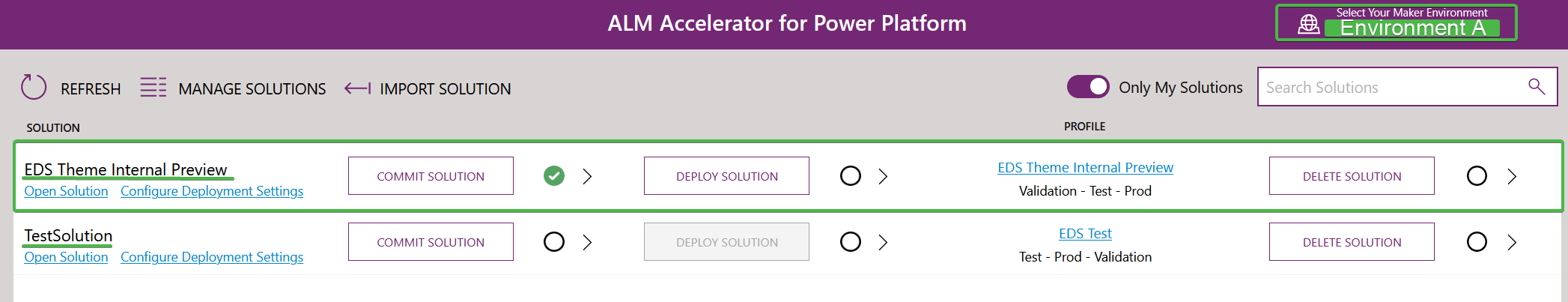 [ALM Accelerator - BUG]: Incorrect solutions listed for environments ...