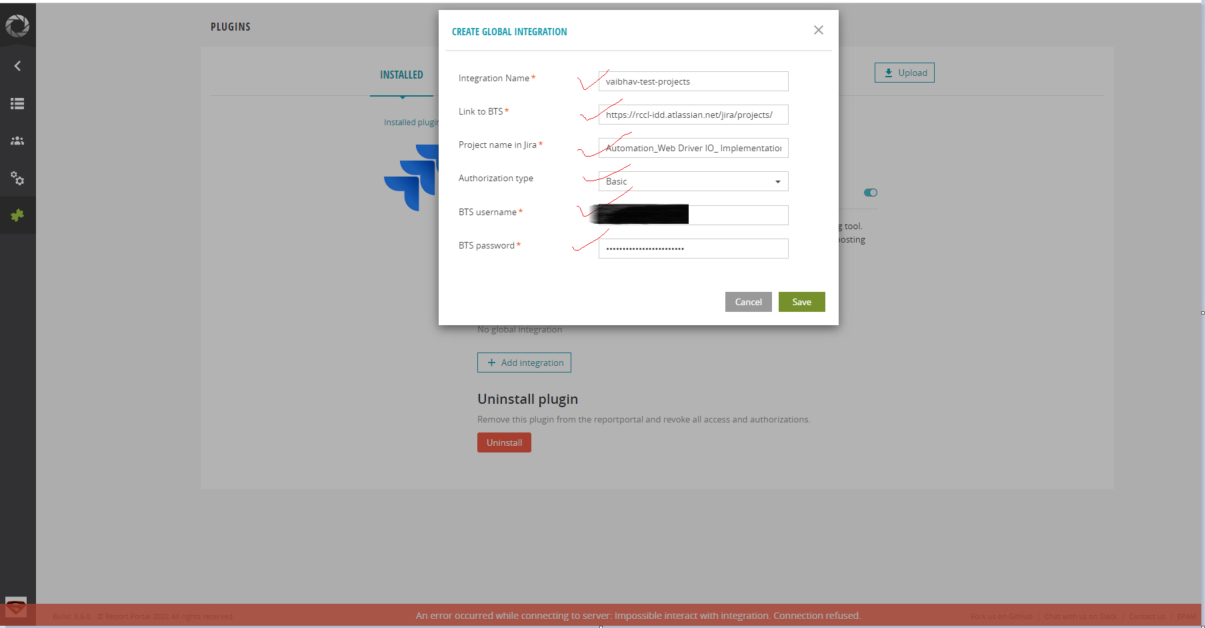 Reportportal to JIRA integration fails with error: Impossible interact with integration ...