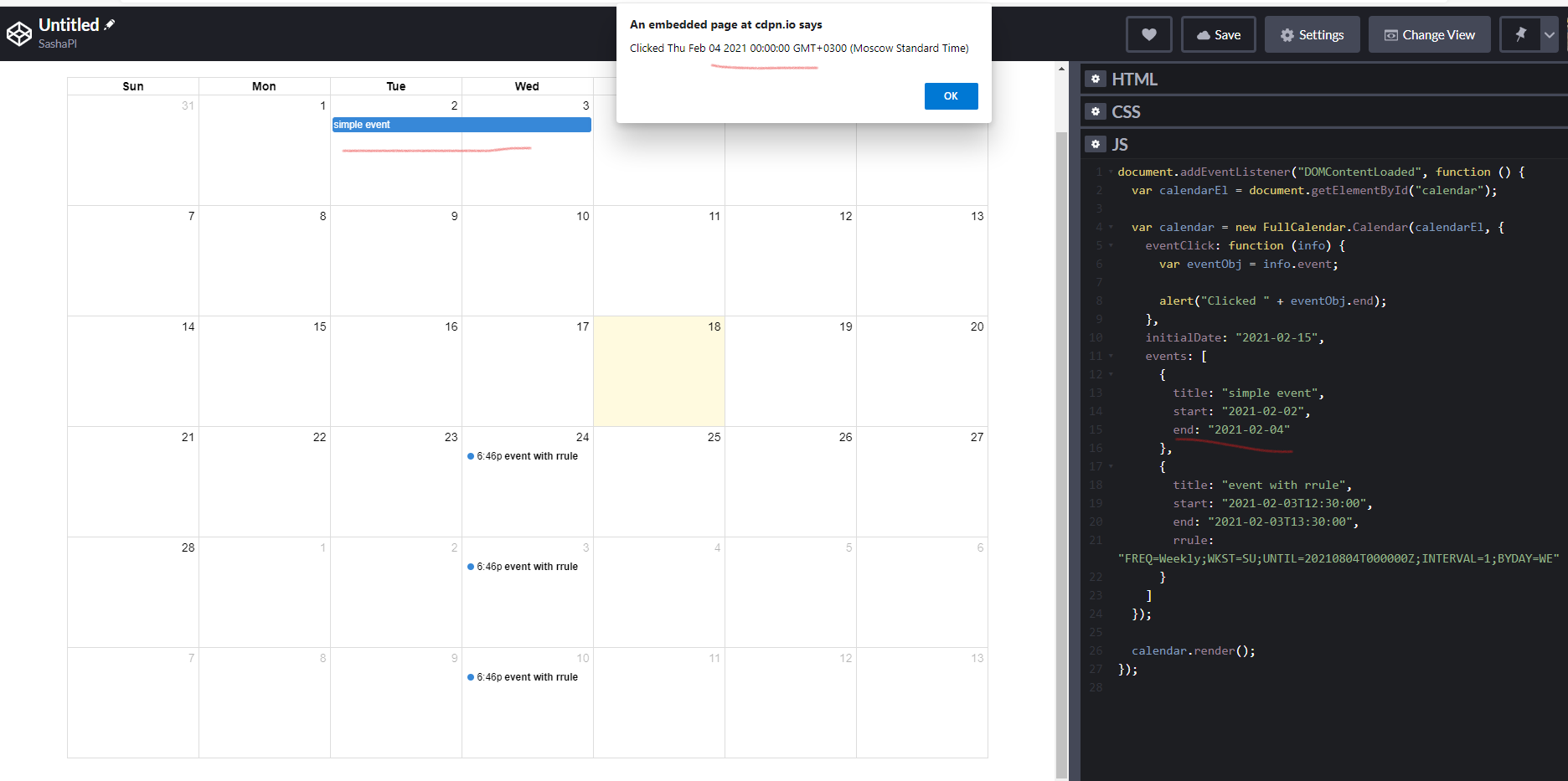 End property for event with rrule is null in eventClick · Issue #6172 · fullcalendar ...