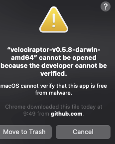 MacOS: “velociraptor-v0.5.8-darwin-amd64” cannot be opened because the developer cannot be ...