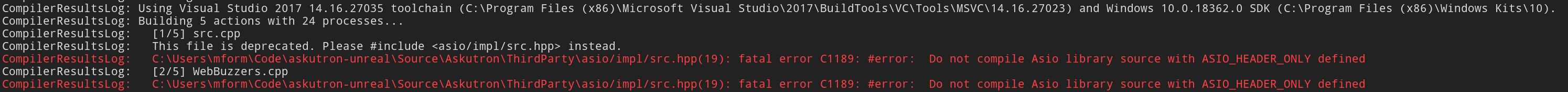 Using ASIO with Unreal Engine prints "Do not compile Asio library source with ASIO_HEADER_ONLY ...