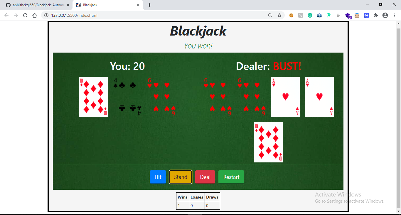 GitHub - abhishekgl650/Blackjack: Automated card game built with vanilla JS 🔥