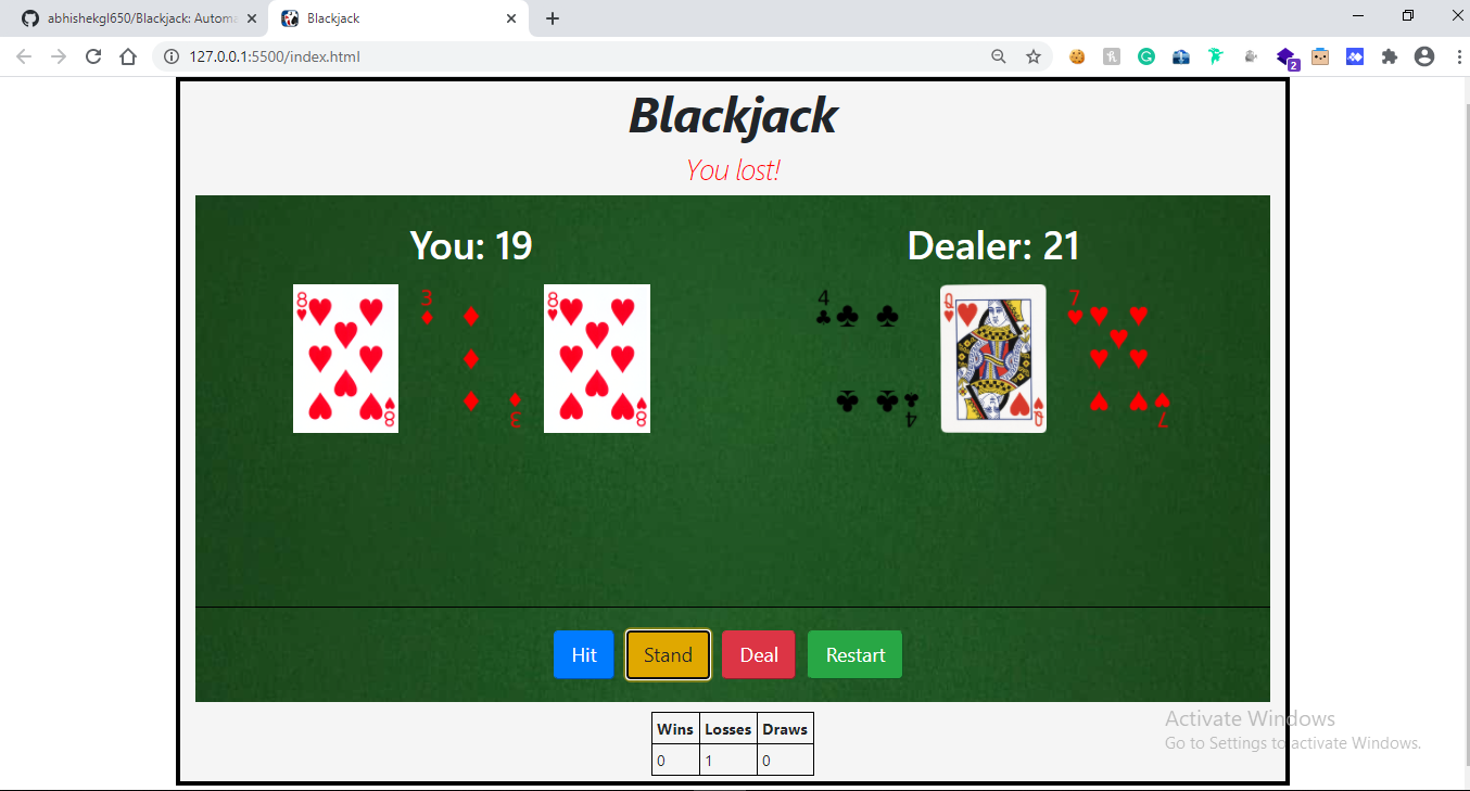 GitHub - abhishekgl650/Blackjack: Automated card game built with ...